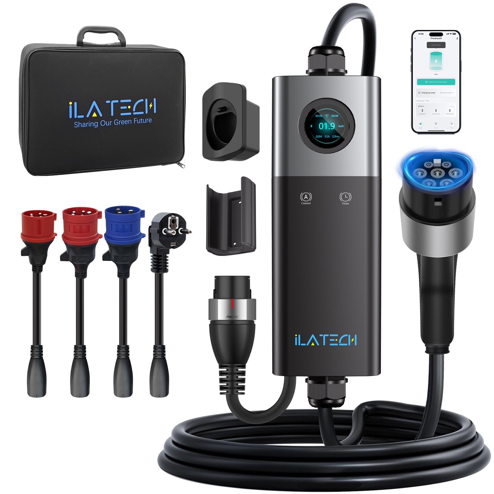 ILATECH Typ 2 mobiles Ladegerät 22kW - 5 Meter Kabel - Traveller Set W – E-NRGY